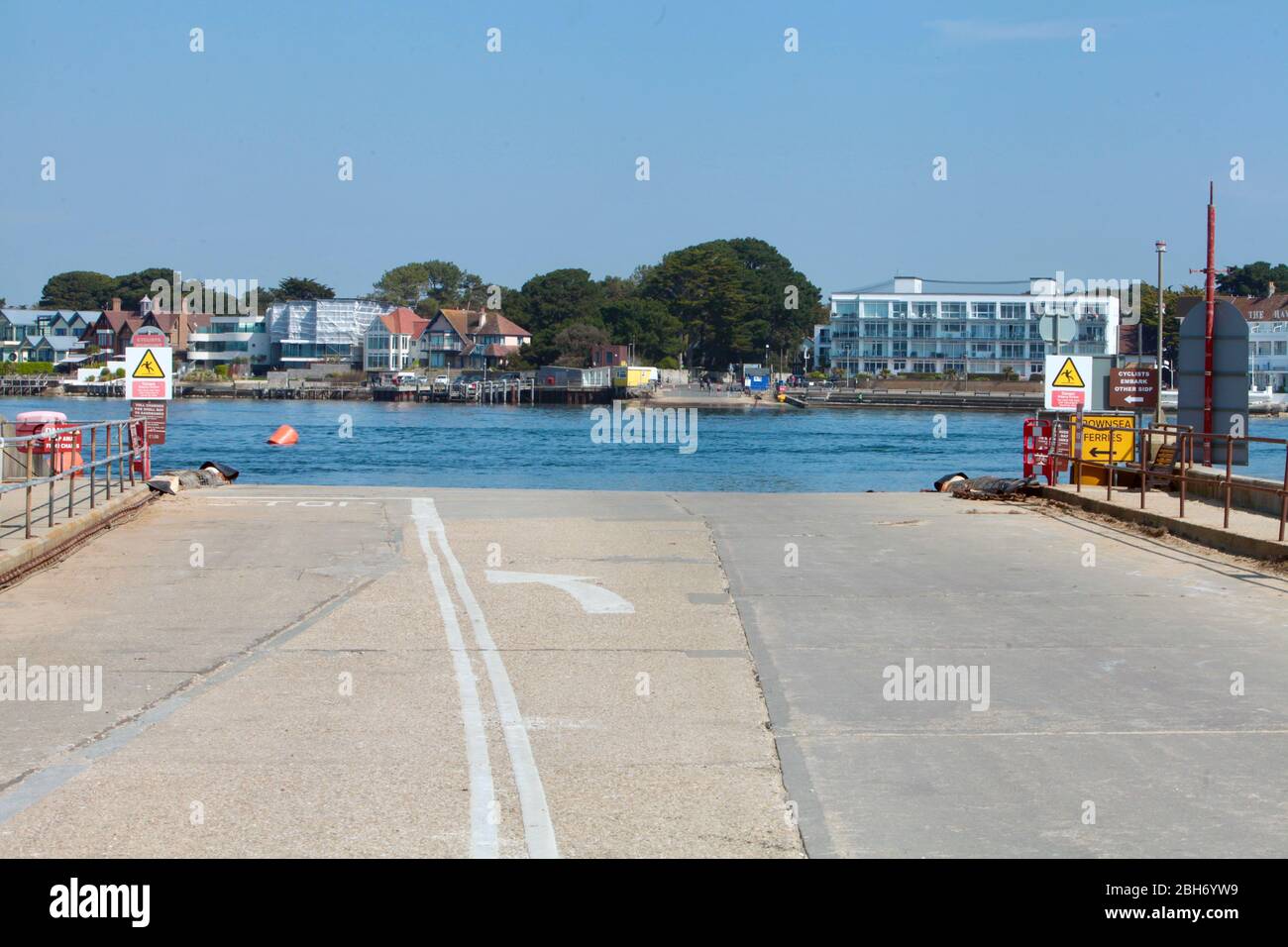 Covid 19 - empty Shell Bay to Sandbanks Ferry slip way. The chain ferry ...