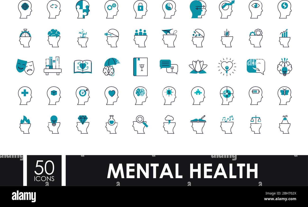 mental health icon set over white background, half line half color ...