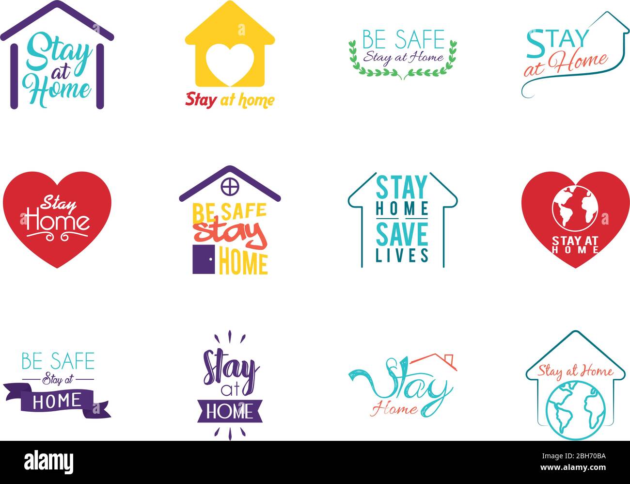 house shapes and stay home messages icon set over white background ...