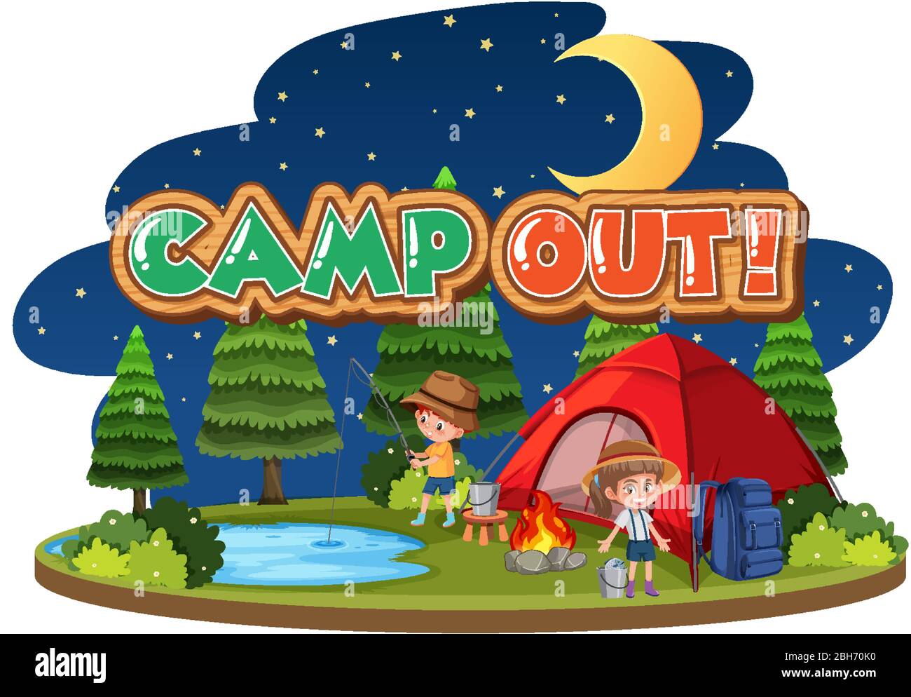 Font design for camp out with tent in the park illustration Stock ...