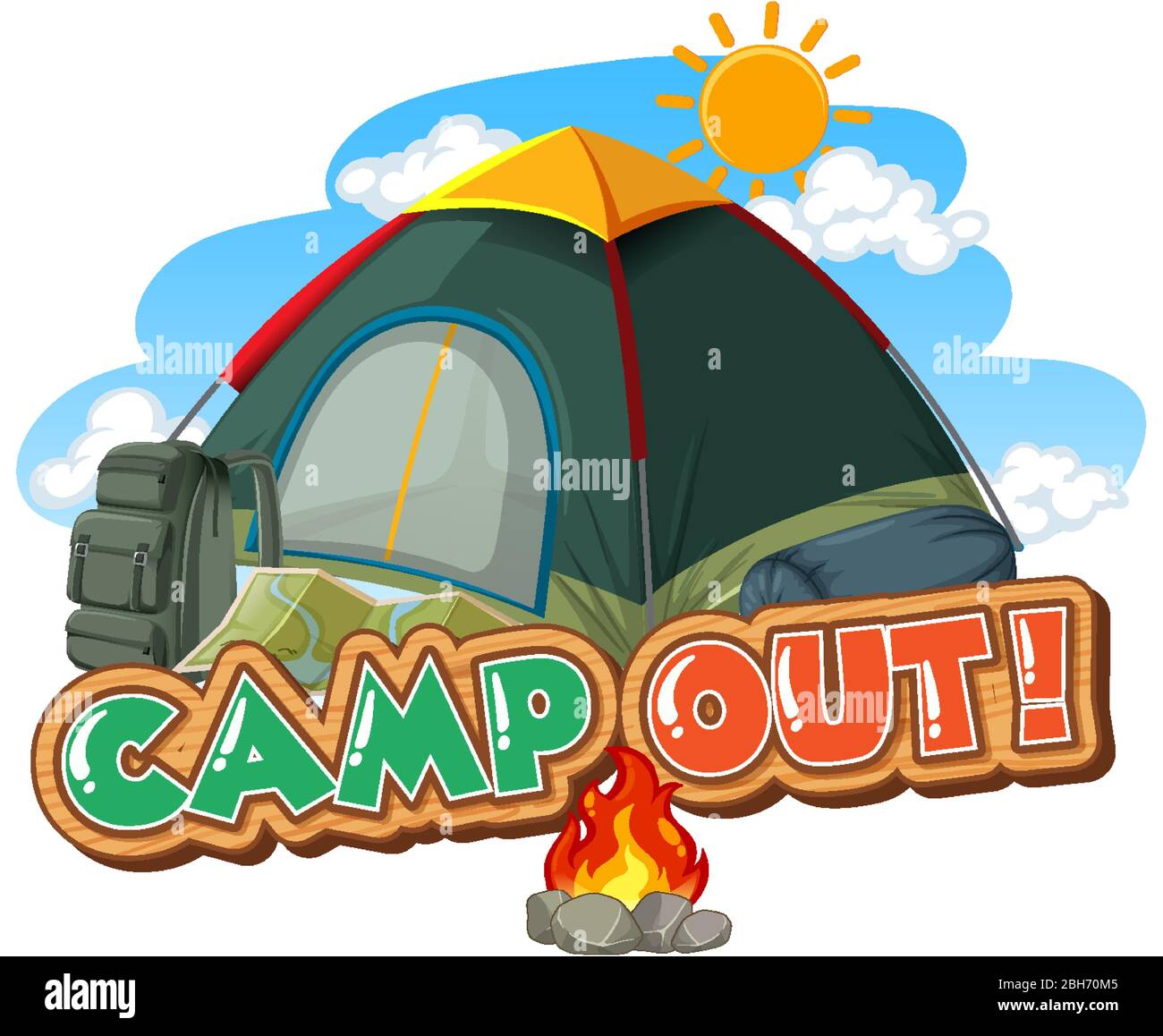 Font design for camp out with tent in the park illustration Stock ...