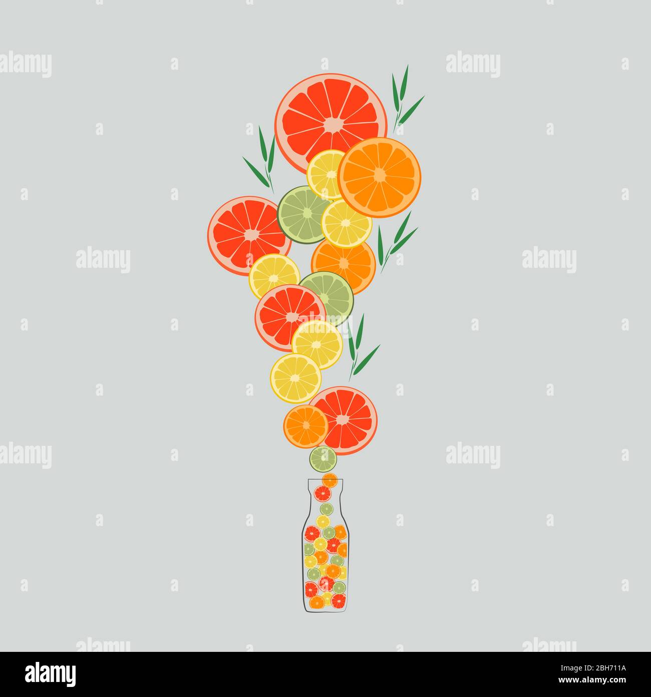 Image of citrus fruit falling into a juice bottle. For decoration of ...