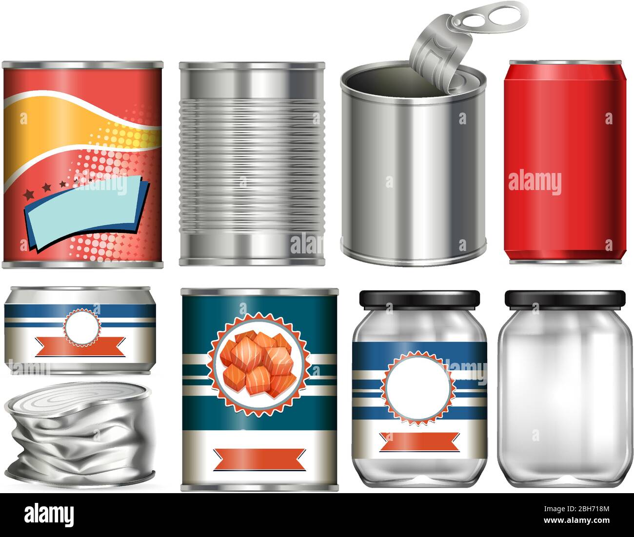 Set of aluminium cans with label design on white background ...