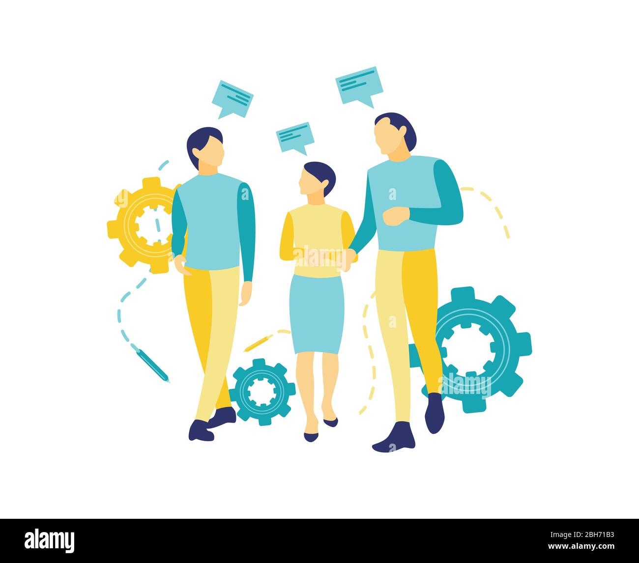 Flat vector illustration, two men and a woman talking about business ...