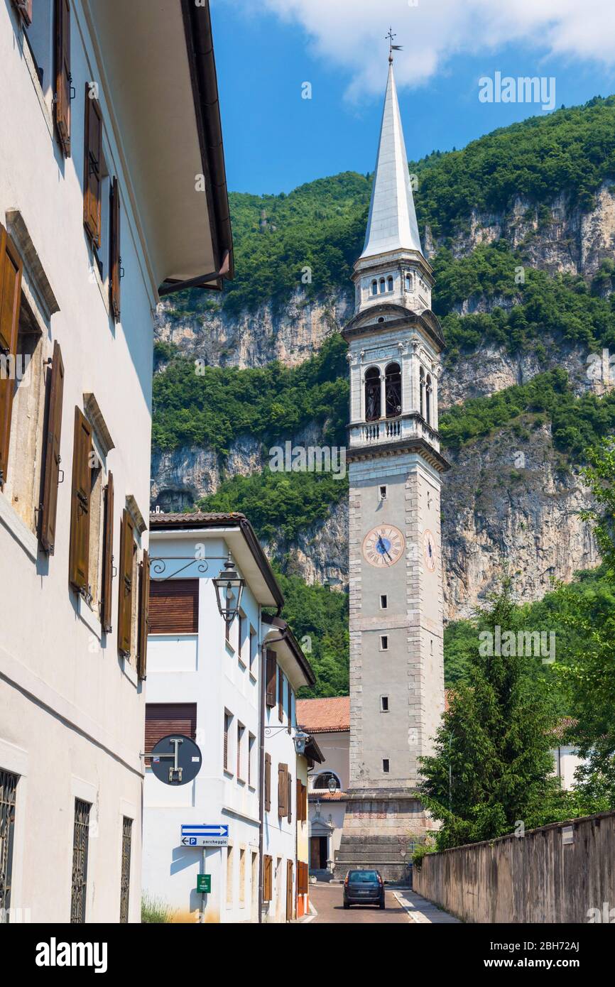 Fonzaso, Belluno Province, Veneto, Italy. Clock tower of the Parrocchia ...