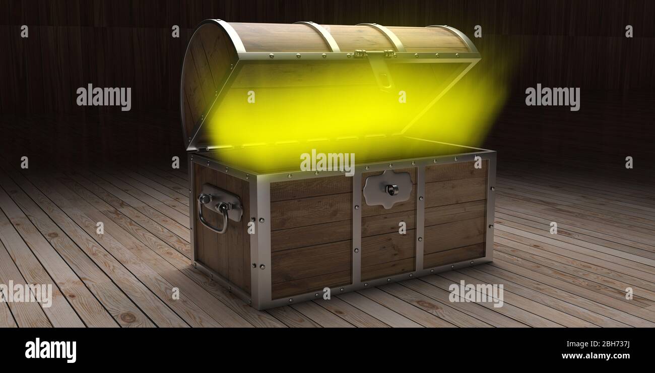 Treasure chest with glowing yellow light inside. Old wooden trunk with ...