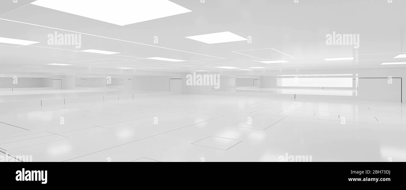 Modern futuristic white shiny architecture building interior with ...