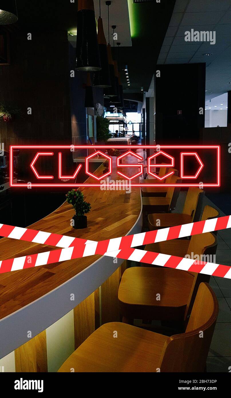 Closed due to pandemic. Premises of cafe are covered with red and white ...