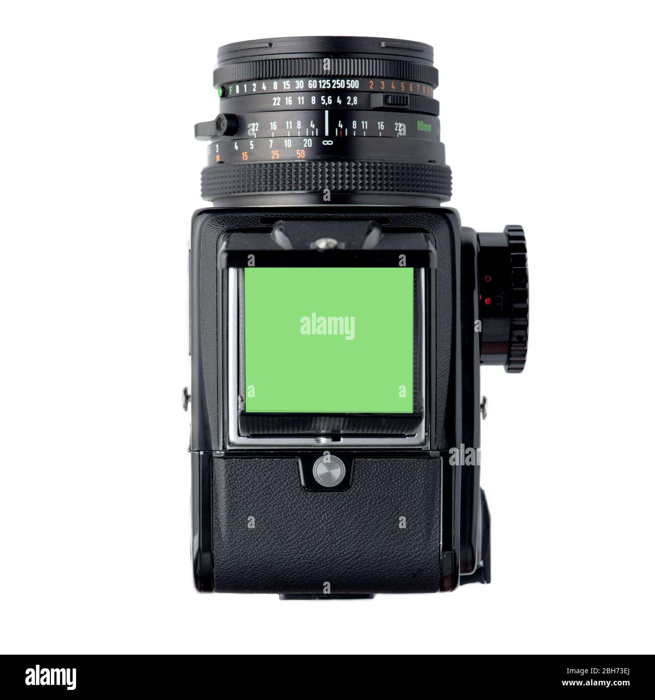 Top view Old school film photo camera in hands medium format isolated ...