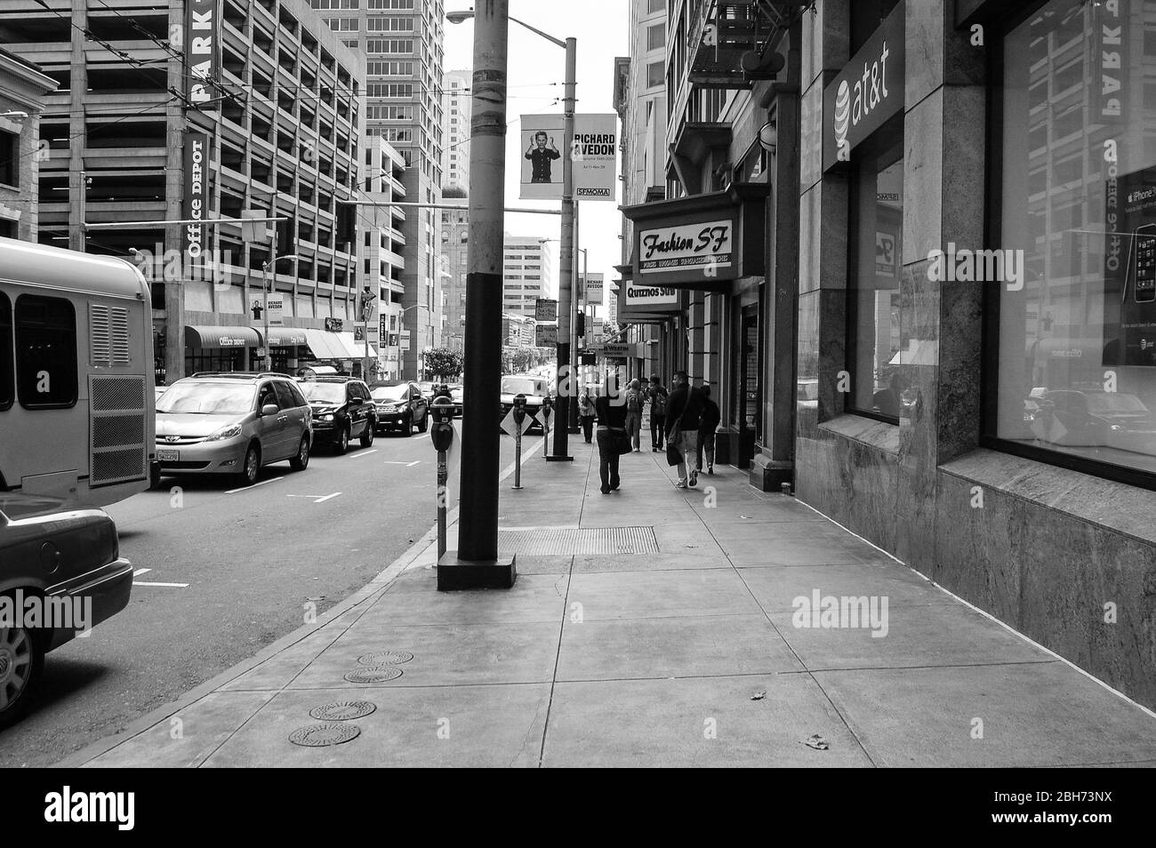 San Francisco street cars car bus pavement outside walking people ...