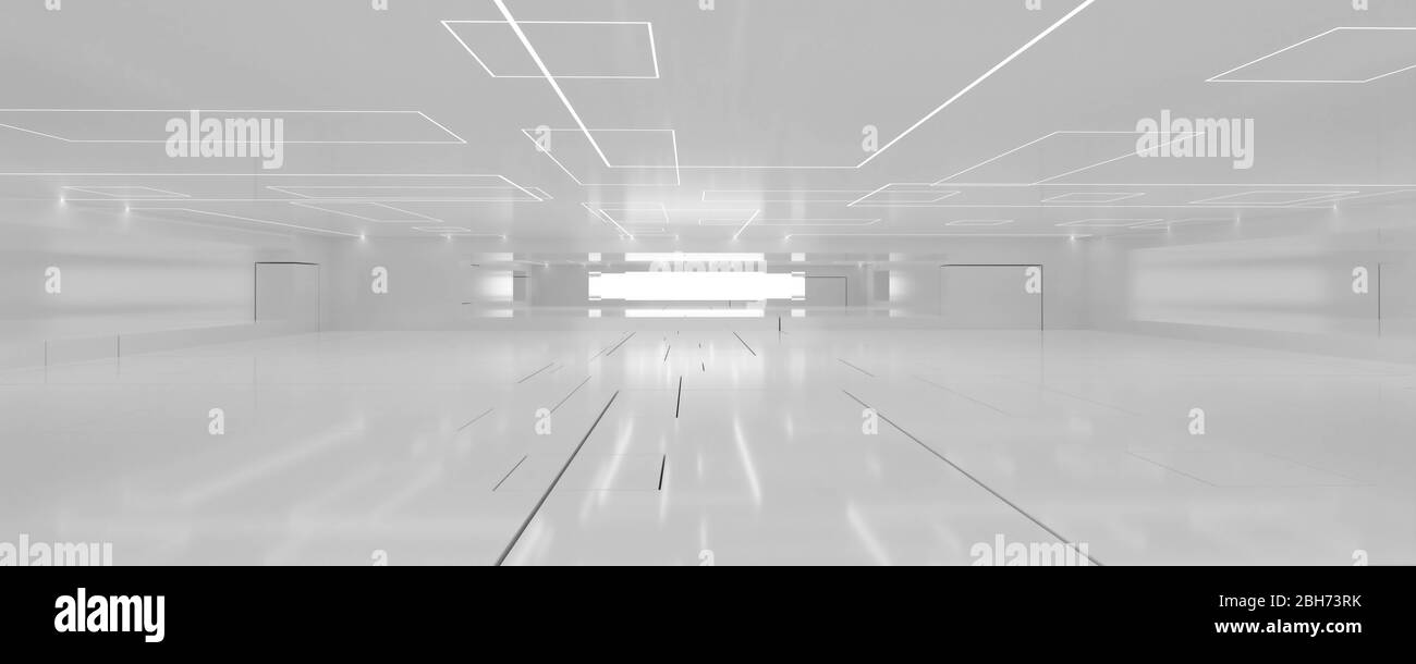 Modern futuristic white shiny architecture building interior with ...