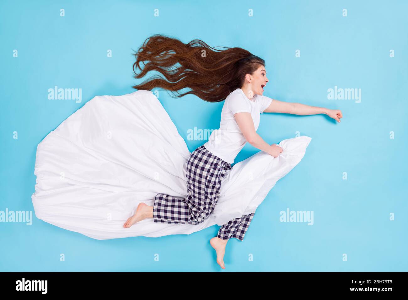 Full length high angle above flat lay view photo of funky pretty lady ...