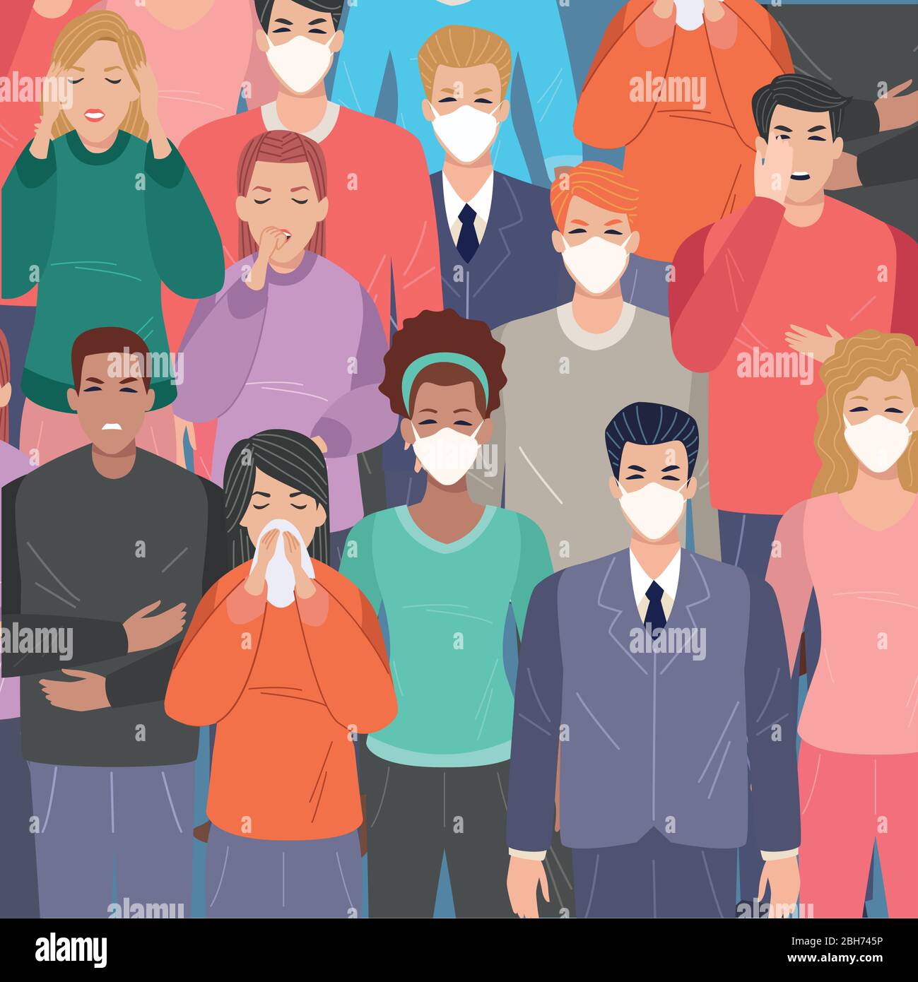 group of people sick with covid19 symptoms and others using face masks ...