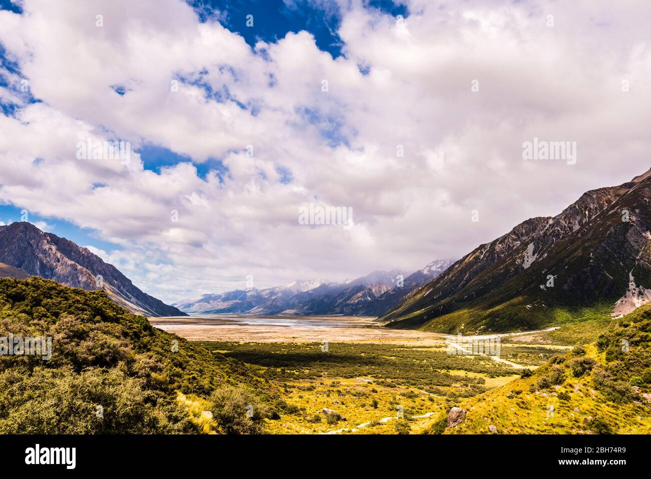 View down the glacial Tasman River valley, Canterbury, New Zealand ...
