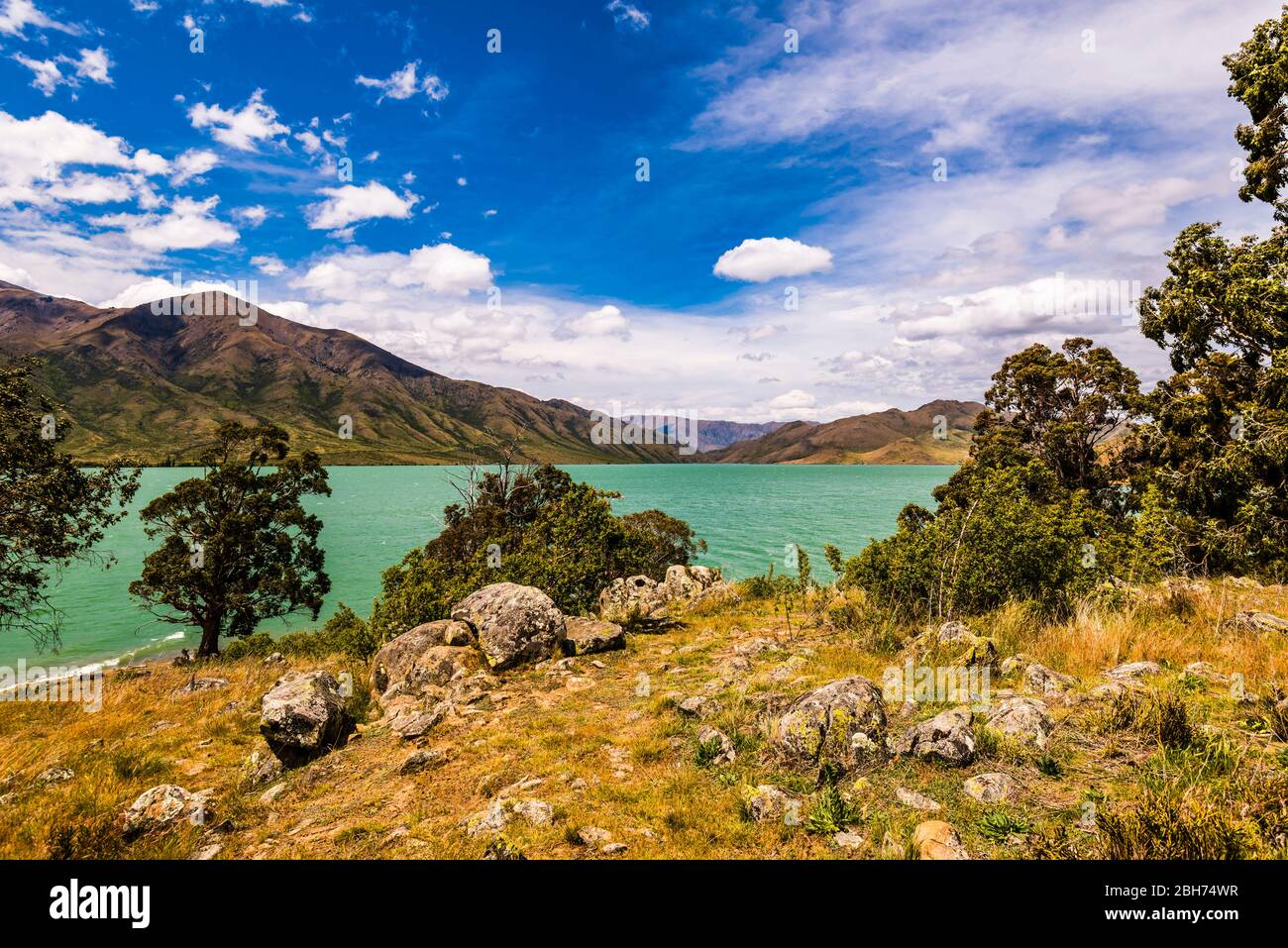 Panorama over Lake Benmore, Canterbury, New Zealand Stock Photo - Alamy
