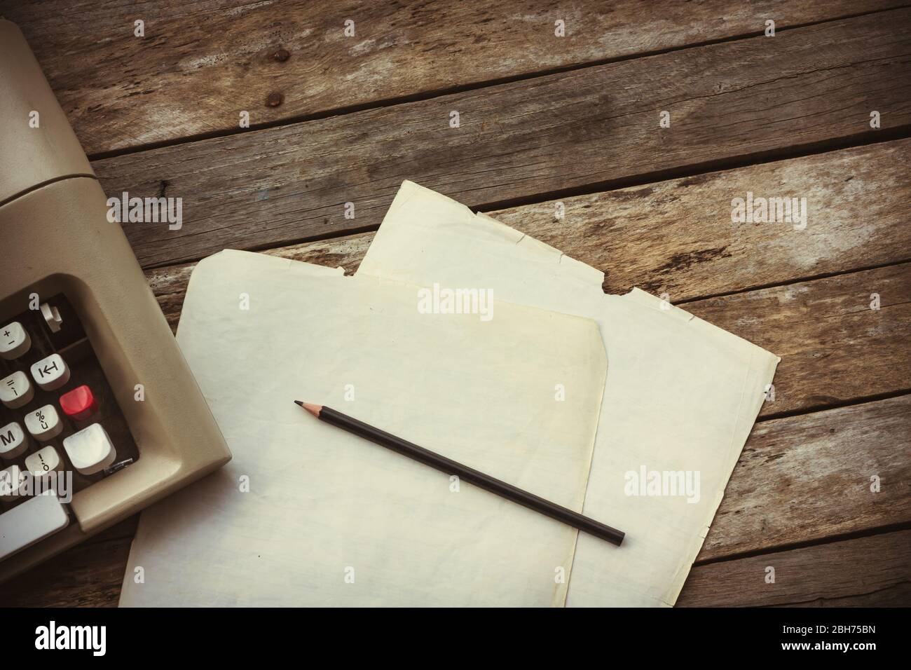 Typewriter, pensil and paper on wooden background. Literature, author ...