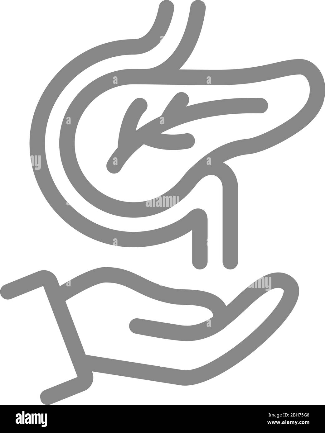 Pancreas on hand line icon. Human treatment, disease prevention symbol ...