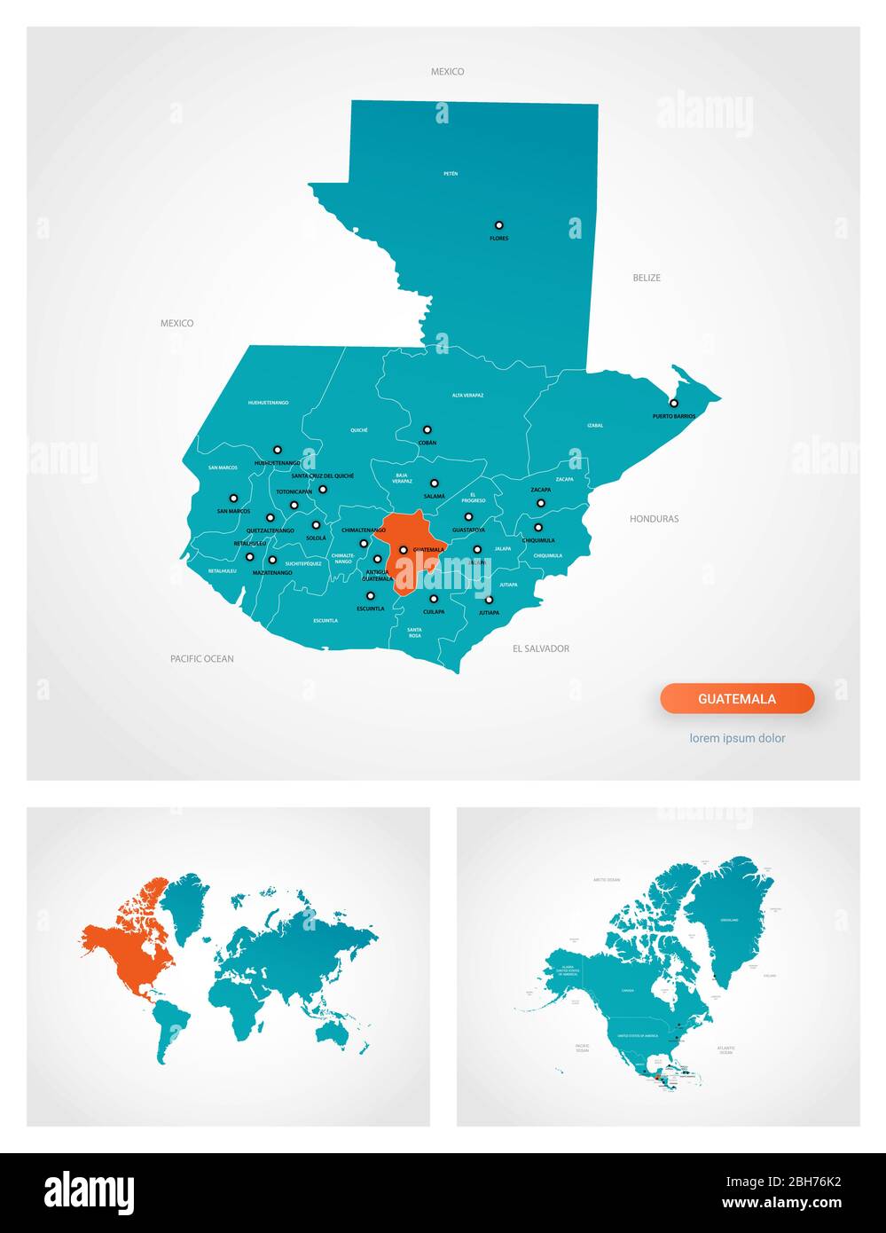 Editable template of map of Guatemala with marks. Guatemala on world ...