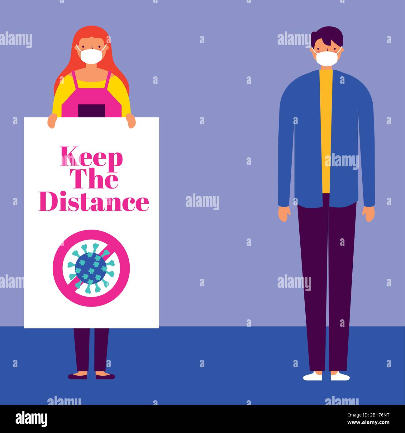 couple using face masks for covid19 with keep distance banner Stock ...