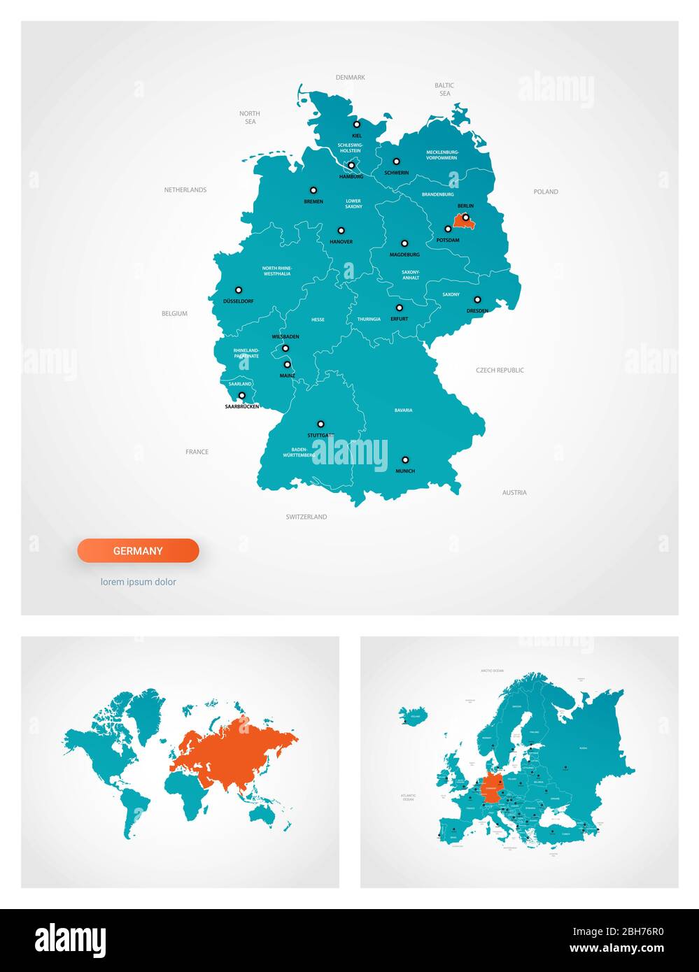 Editable template of map of Germany with marks. Germany on world map ...