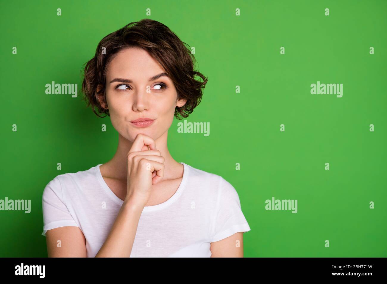 Closeup photo of attractive lady short wavy hairdo look interested side ...