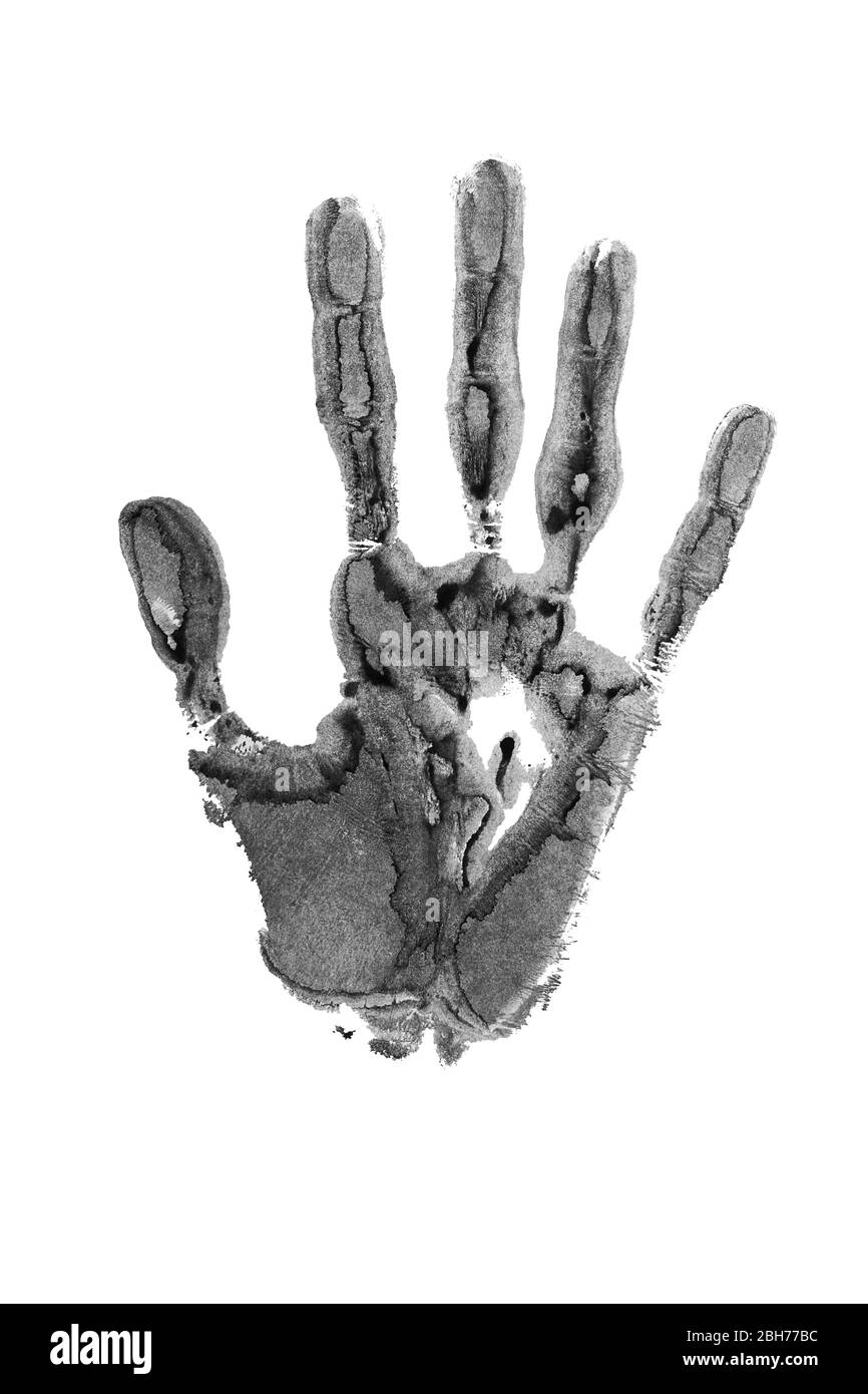 Black watercolor print of human hand on white background isolated ...