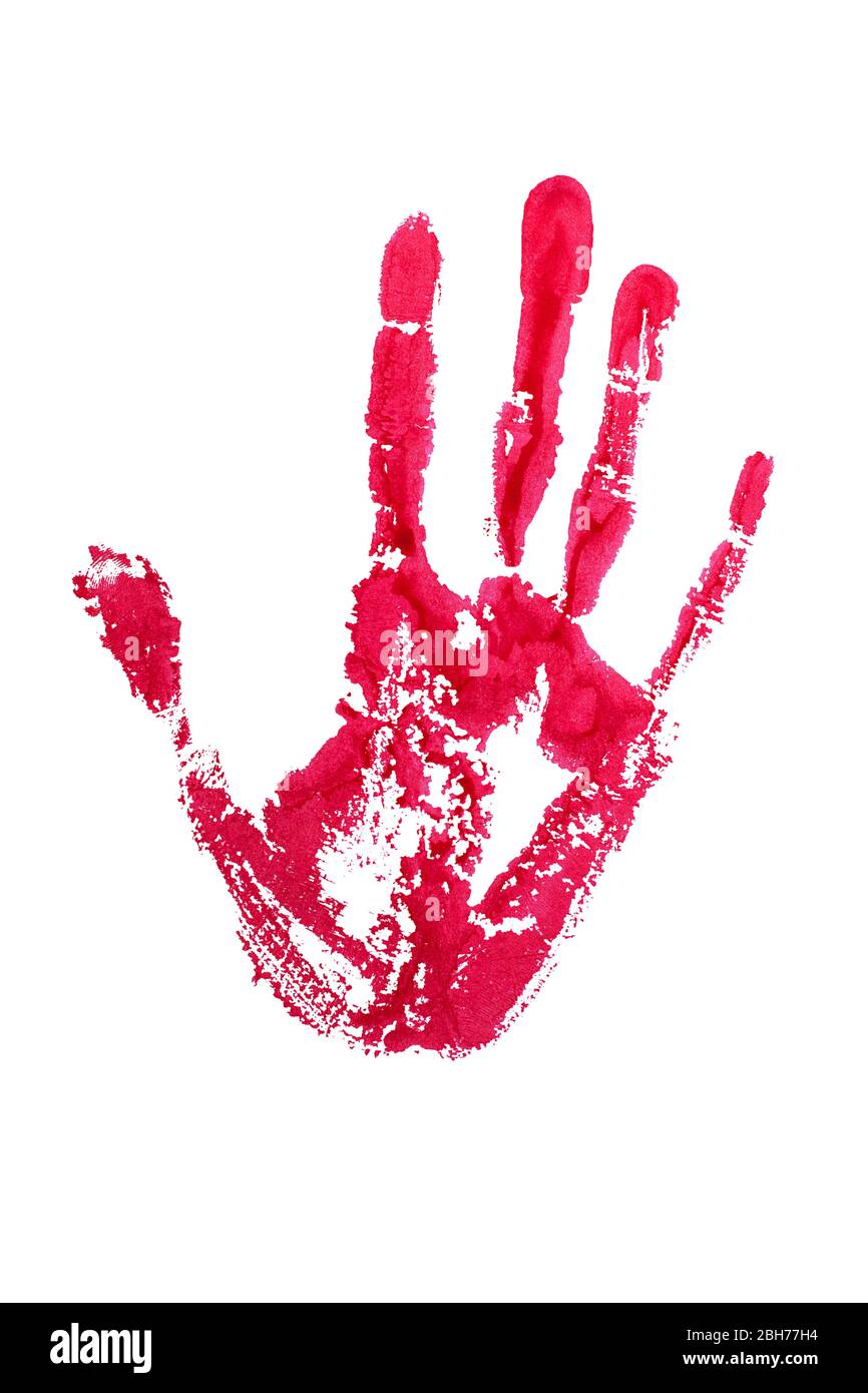 Pink watercolor print of human hand on white background isolated close ...