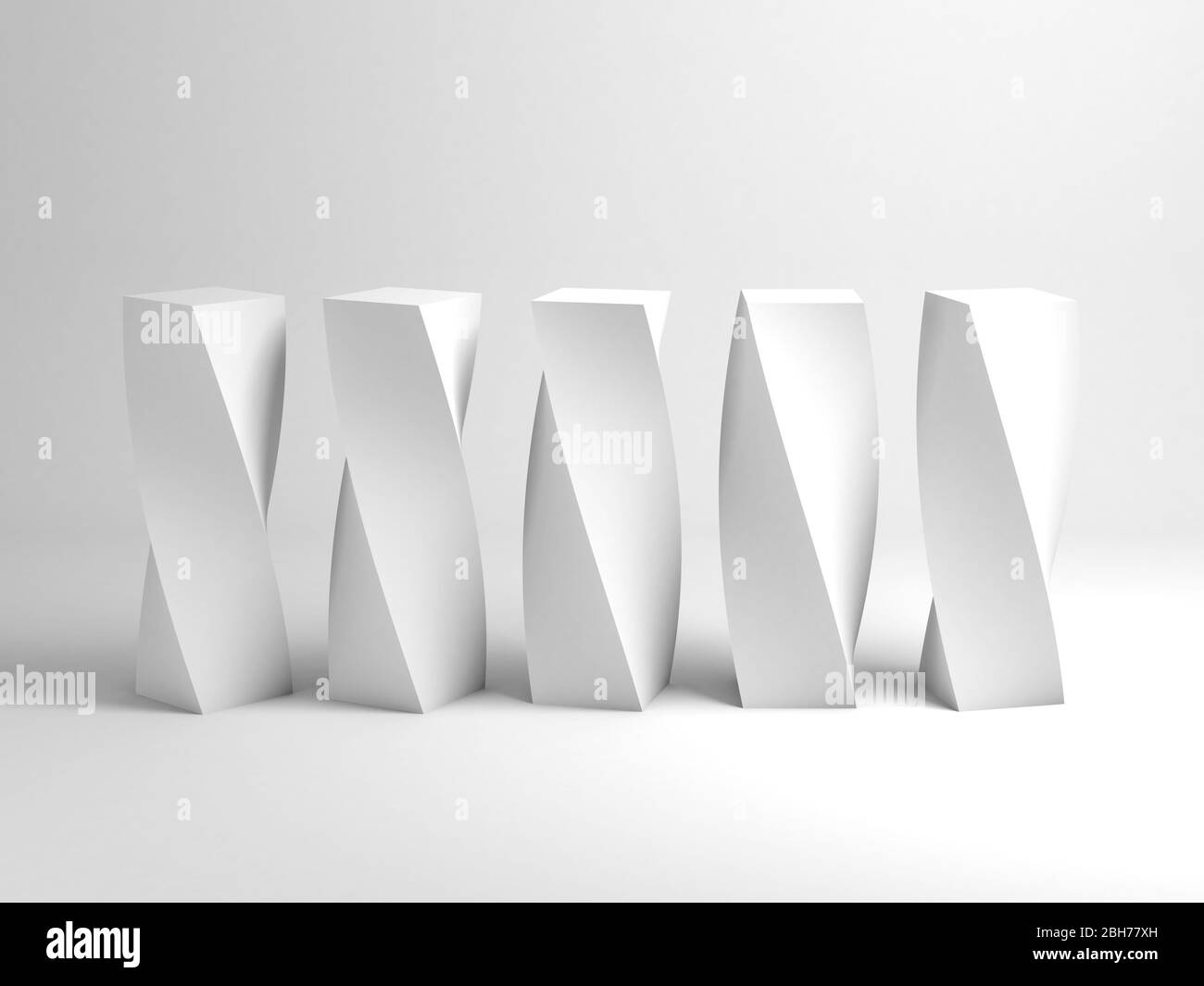 Abstract white still life installation with five twisted geometric ...