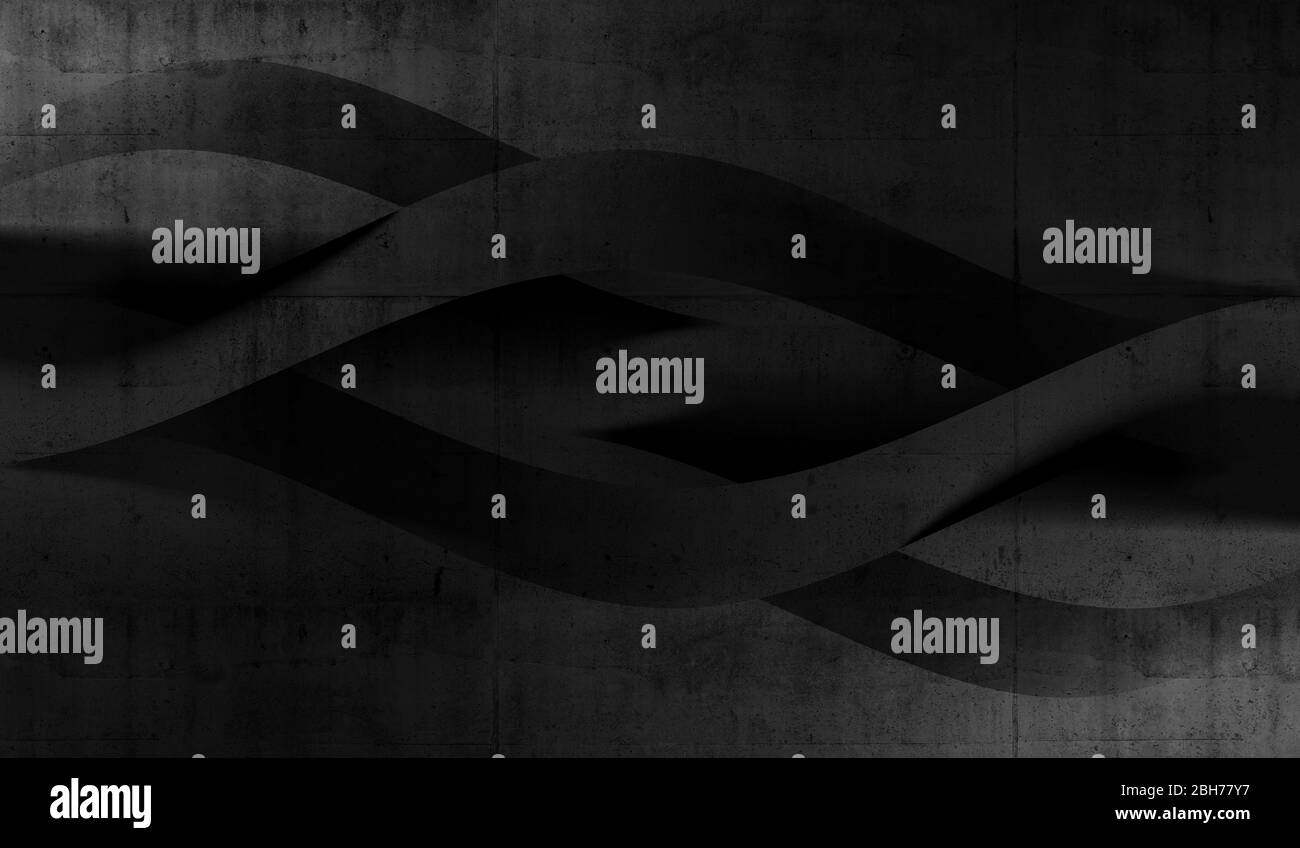 Abstract minimal black background, bent stripes installation with rough ...