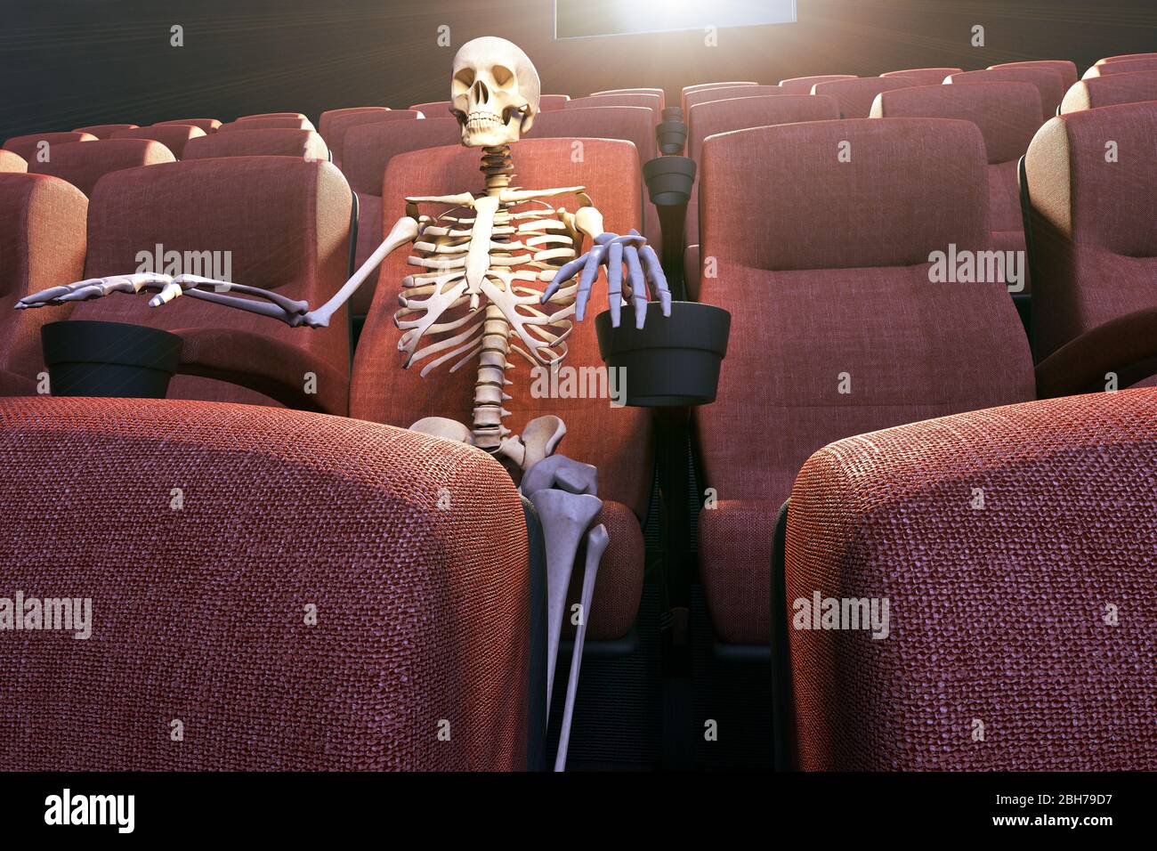 3D rendering of a skeleton in an empty movie theatre representing bored ...