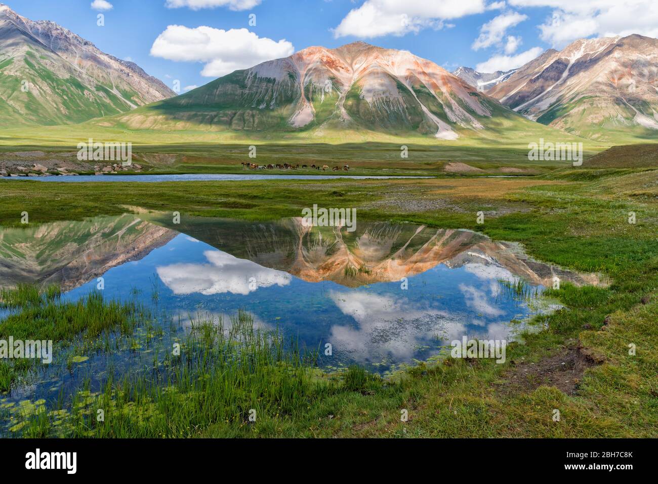 Mountains reflecting in water, Naryn gorge, Naryn Region, Kyrgyzstan ...