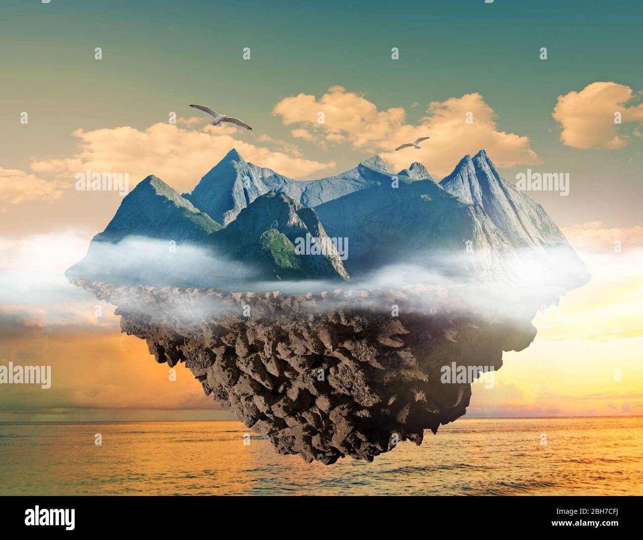 mountain island floating above sea concept Stock Photo - Alamy