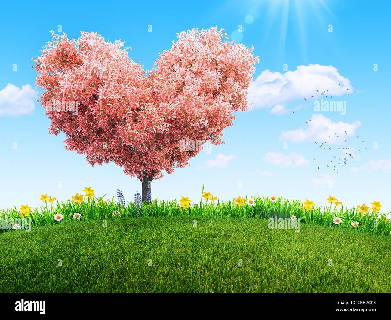 green grass and spring flowers at backyard and bloom tree in shape of ...