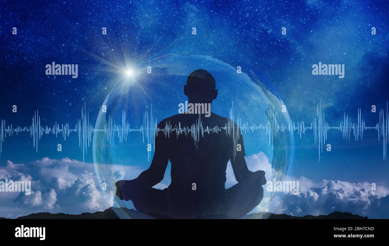 Yoga cosmic space meditation illustration, silhouette of man practicing ...
