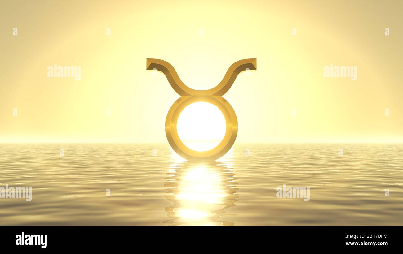 heavenly sunrise on golden sea with sign of taurus on front of sun ...