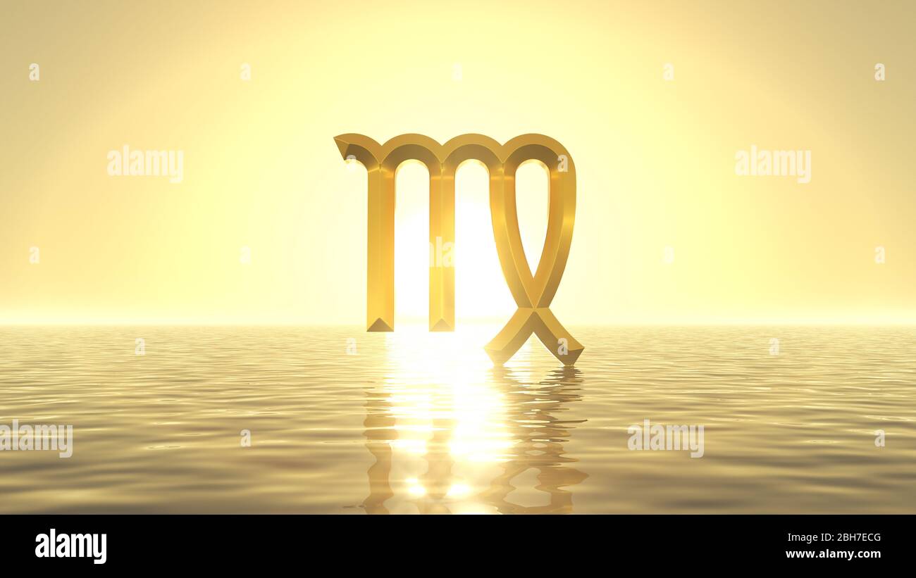 heavenly sunrise on golden sea with sign of virgo on front of sun ...