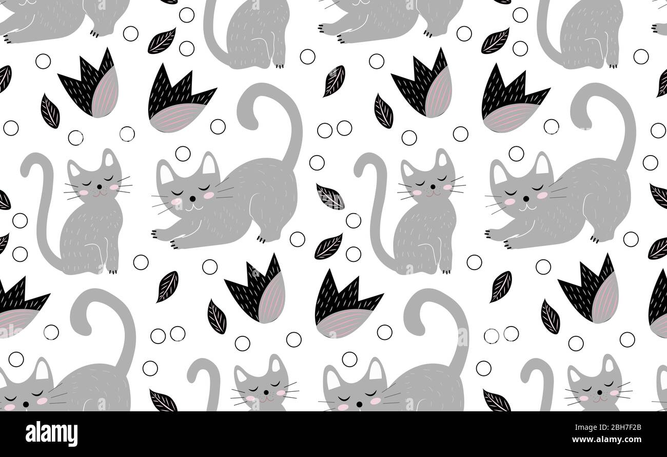 Cute cats seamless pattern. Kittens endless background, repeating ...