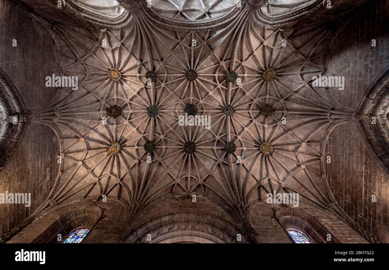 Vaulted cathedral ceiling. The elaborate masonry of the Church of Santa ...