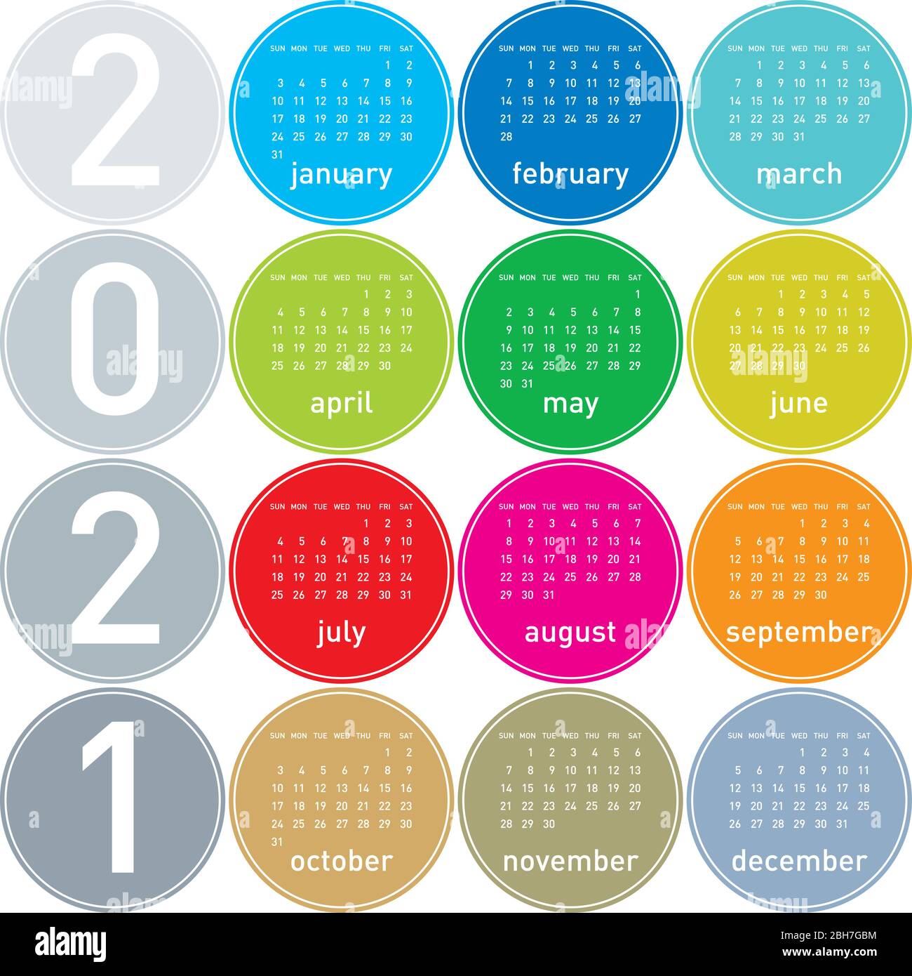 Colorful Circles Calendar for Year 2021, in vectors Stock Vector Image ...