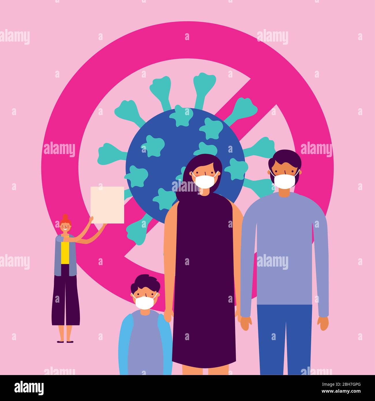 family using face masks with stop covid19 signal Stock Vector Image ...