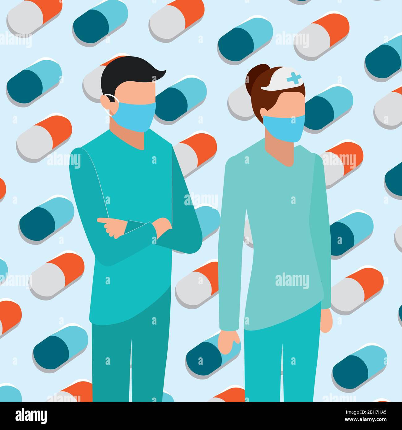 professional doctors using face masks and capsules drugs Stock Vector ...
