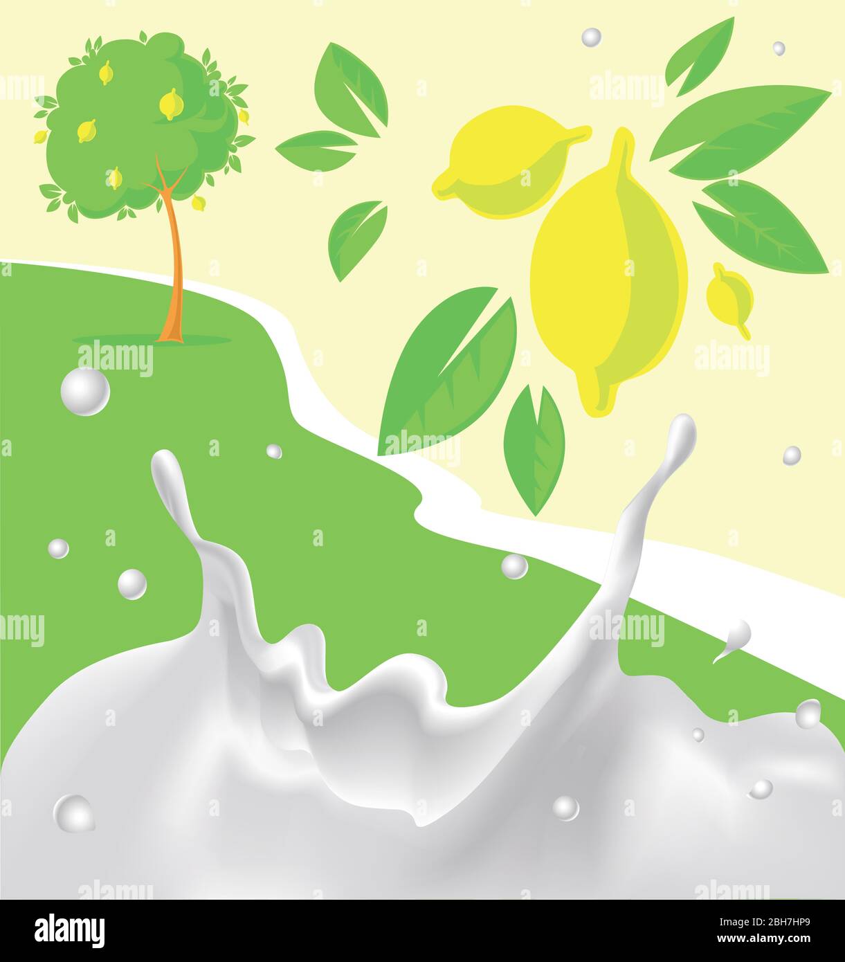 Lemon Tree with Lemon Flat Fresh Design with Citrus and Milk Splash ...