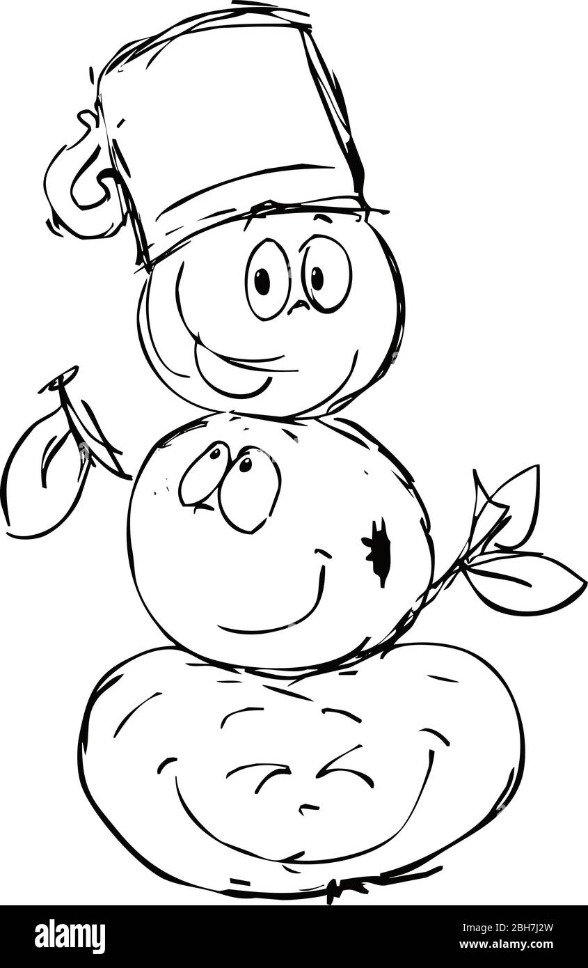 Apple Snowman Character Cute fruit Cartoon Sketch - Snowman Built from ...