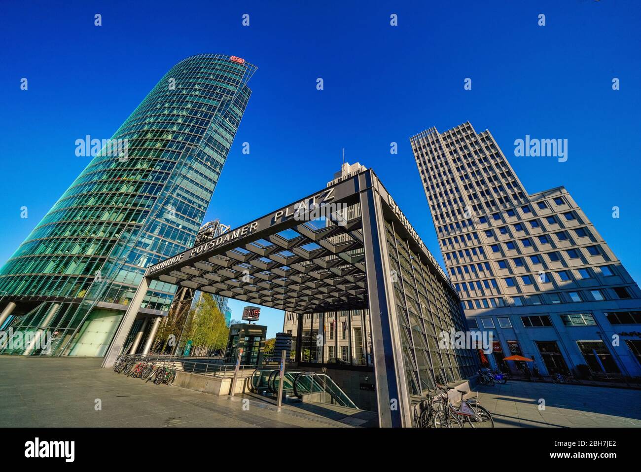 April 19, 2020, Berlin: Potsdamer Platz in Berlin withte on a beautiful ...
