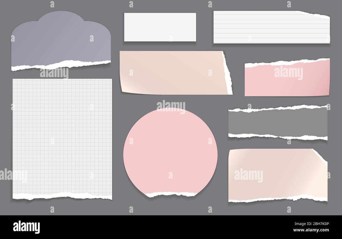 Torn of colorful note, notebook paper strips, pieces stuck with sticky ...