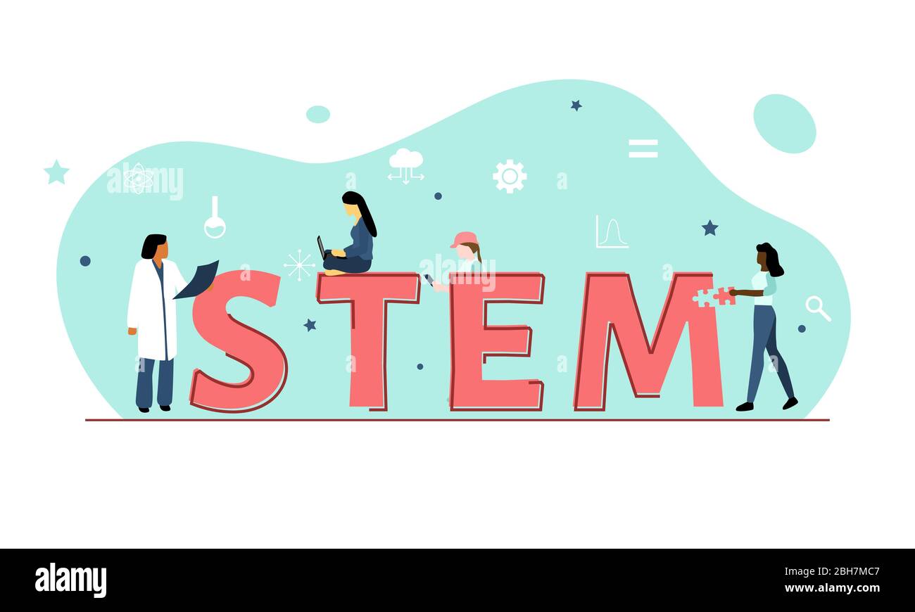 Vector illustration showing girls or women in STEM (Science, Technology ...