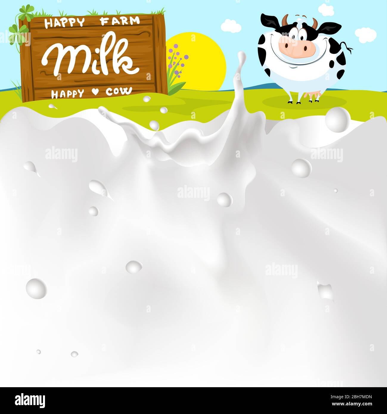 White Milk Splash on Farm Background With Cow, Green Field and Sun ...