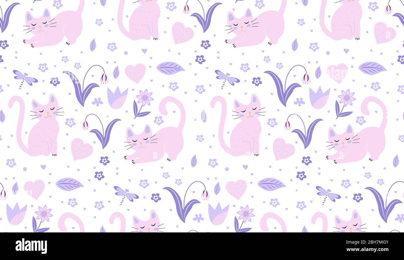 Cute cats seamless pattern. Kittens endless background, repeating ...