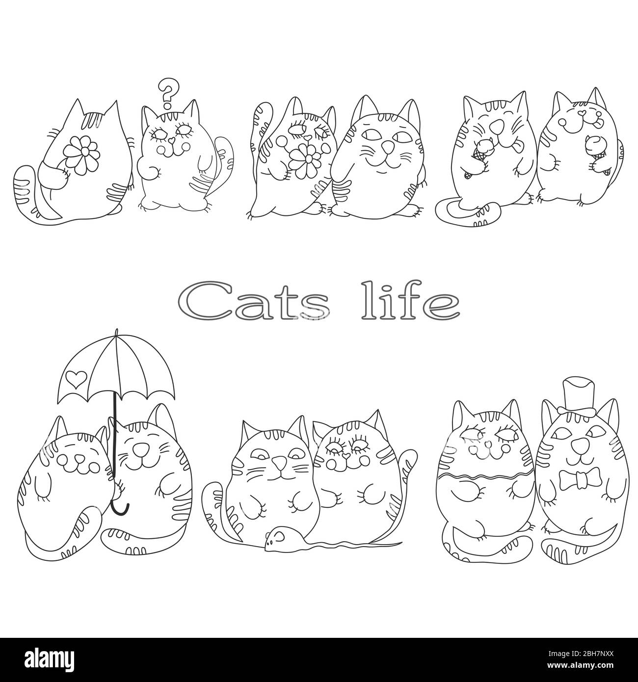 Vector drawing of couples of cats in love for various activities on a ...