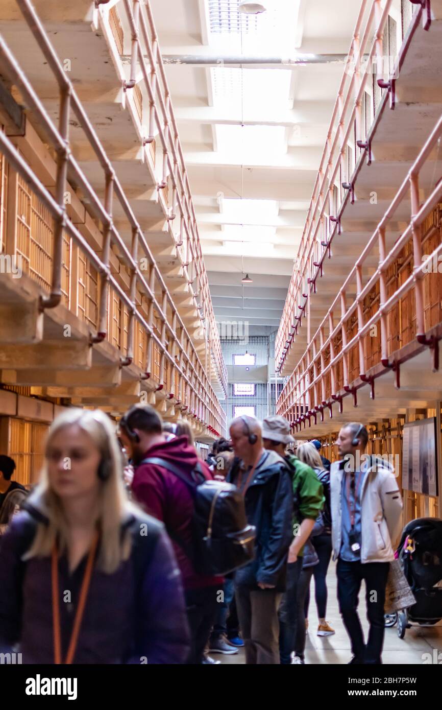 Blurry shot of Alcatraz Prison B Block area inside the cellhouse ...